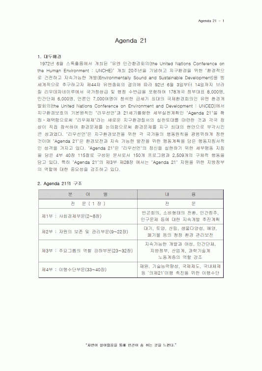 Agenda 21, 리우선언, 기후협약, 생물다양성 협약에 관한 조사