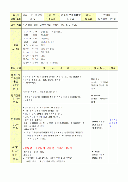 생활주제 : 가을  소주제: 나뭇잎   일일주제: 여러색의 나뭇잎  일일활동계획안