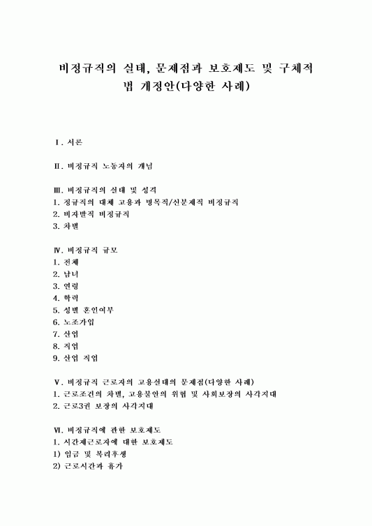 [비정규직]비정규직의 실태, 비정규직의 문제점과 보호제도 및 구체적 법 개정안(다양한 사례)(비정규직노동자 개념, 비정규직 실태,성격, 비정규직규모, 비정규직근로자 고용실태,문제점, 비정규직 보호제도)