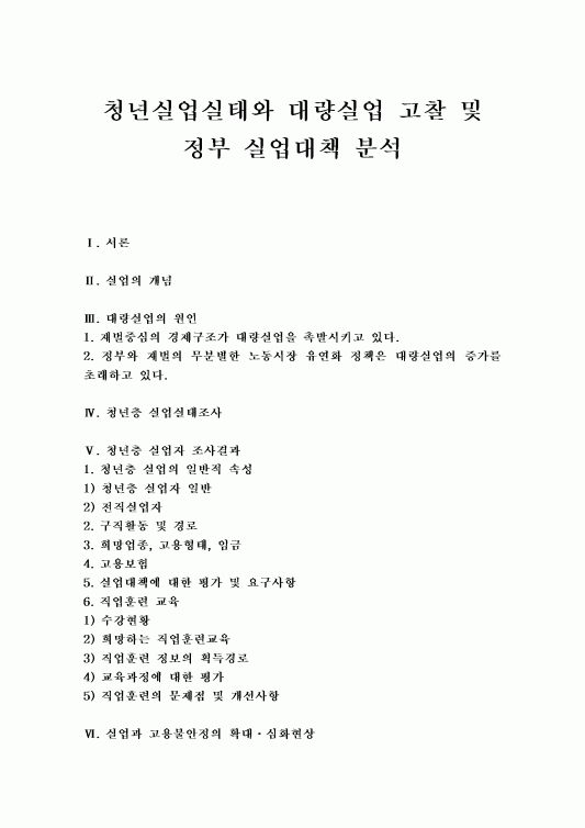 실업의 개념, 대량실업 원인, 청년실업 실태조사, 청년실업 조사결과, 실업과 고용불안정의 확대 심화현상, 정부의 실업대책의 문제점, 실업보상제도, 직업훈련정책의 허와 실, 구조조정에 따른 실업대책 분석