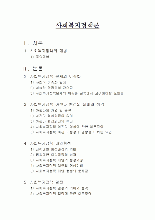 사회복지정책의 개념과 문제의 이슈화,아젠다 형성을 중점으로 서술.