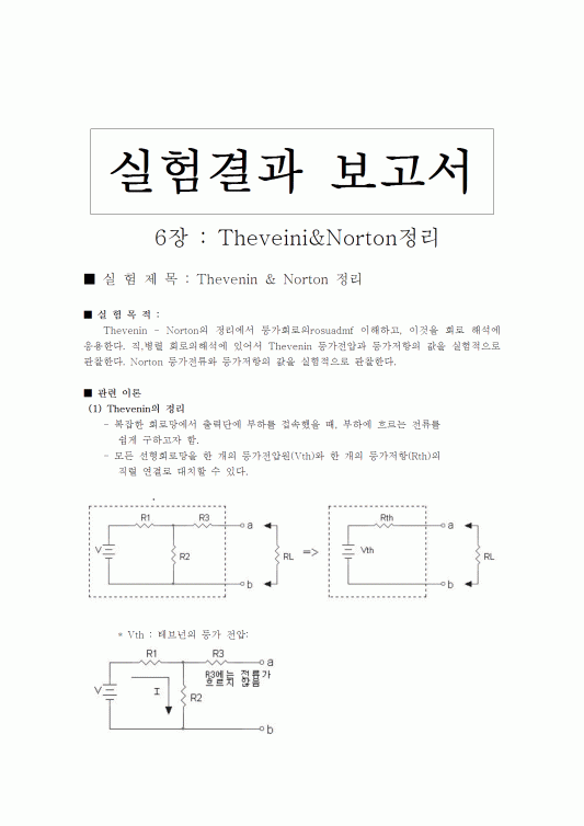 Thevenin,noton 정리 결과보고서,예비보고서