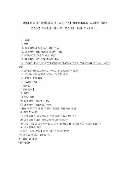 동아제약과 광동제약의 박카스와 비타500을 사례로 들어 존속적 혁신과 파괴적 혁신에 대해 논하시오.