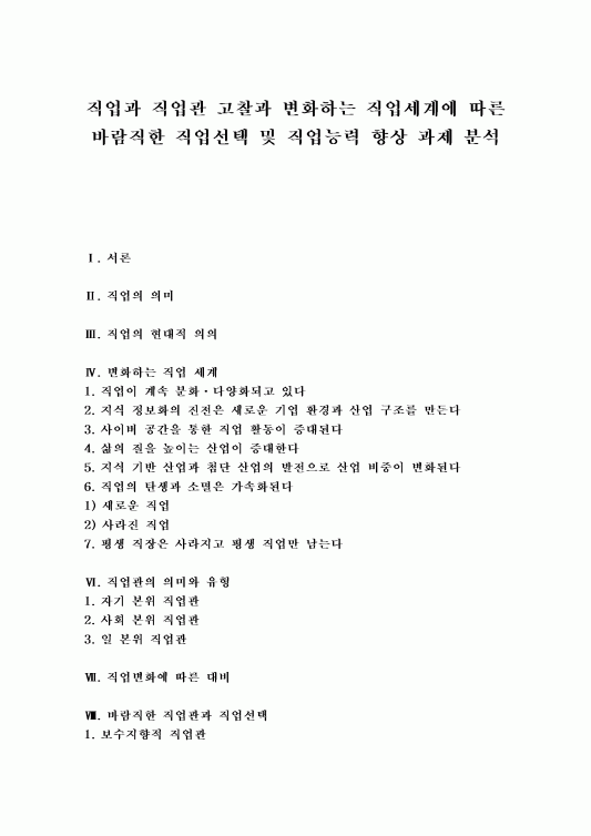 직업의 의미, 직업의 현대적 의의, 변화하는 직업 세계, 직업관의 의미와 유형, 직업변화에 따른 대비, 바람직한 직업관과 직업선택, 산업사회의 주역과 지식사회의 주역, 직업능력 향상을 위한 과제 분석