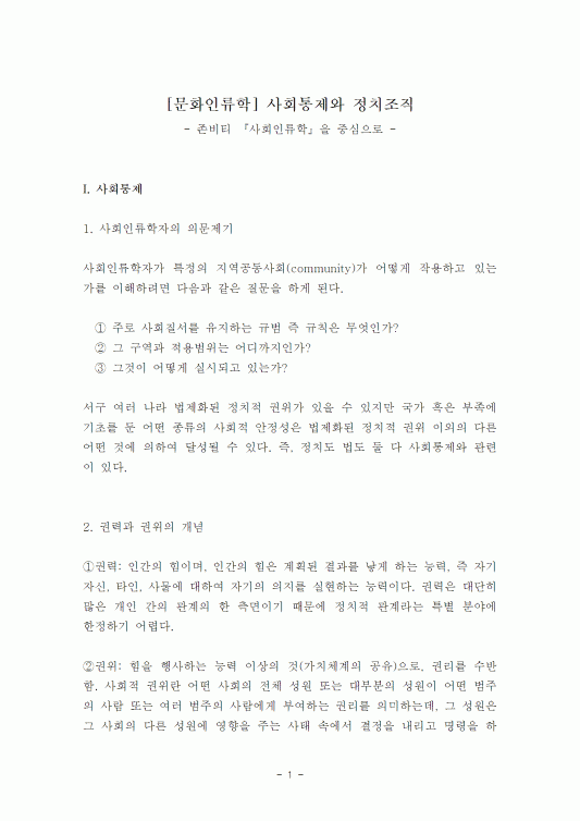 [문화인류학]사회통제와 정치조직