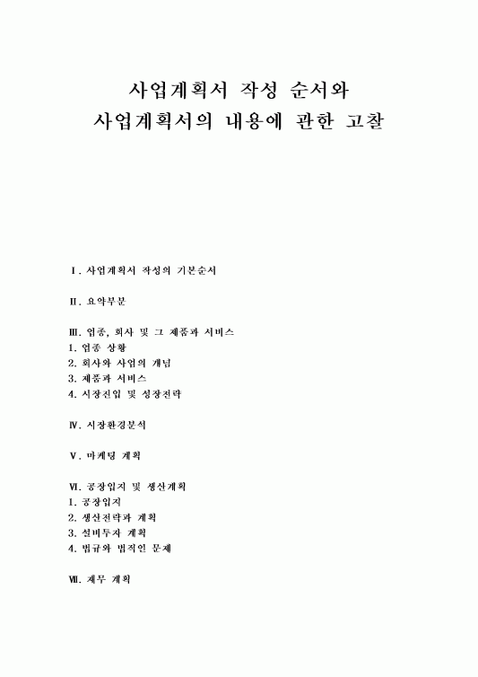 사업계획서 작성순서, 사업계획서 업종 및 회사, 사업계획서 제품, 서비스, 사업계획서 시장환경분석, 사업계획서 마케팅계획, 사업계획서 공장입지, 생산계획, 재무계획, 사업계획서 조직 및 인적 자원 구성 분석