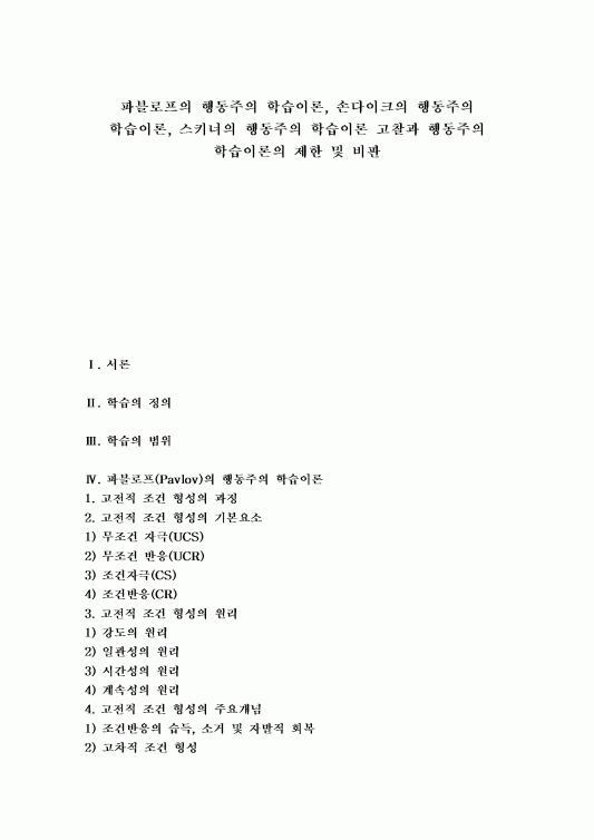 학습의 정의, 학습의 범위, 파블로프의 행동주의 학습이론, 손다이크의 행동주의 학습이론, 스키너의 행동주의학습이론, 행동주의학습이론과 인지주의학습이론의 차이점, 행동주의학습이론의 제한과 비판