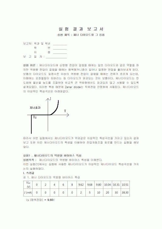 제너다이오드 실험결과 보고서