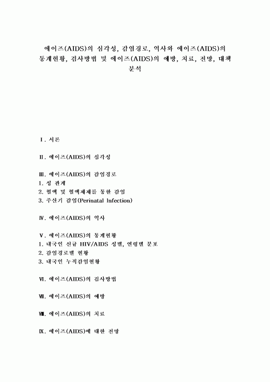 에이즈(AIDS)의 심각성, 에이즈(AIDS)의 감염경로, 에이즈(AIDS)의 역사, 에이즈(AIDS)의 통계현황, 에이즈(AIDS)의 검사방법, 에이즈(AIDS) 예방, 에이즈(AIDS) 치료, 에이즈(AIDS) 전망, 에이즈(AIDS) 대책 분석