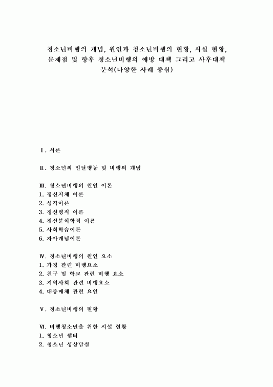 청소년비행의 개념, 청소년비행의 원인, 청소년비행의 현황, 청소년비행의 시설 현황, 청소년비행의 문제점, 향후 청소년비행의 예방 대책, 청소년비행의 사후대책 분석(다양한 청소년비행 사례 중심), 비행 청소년