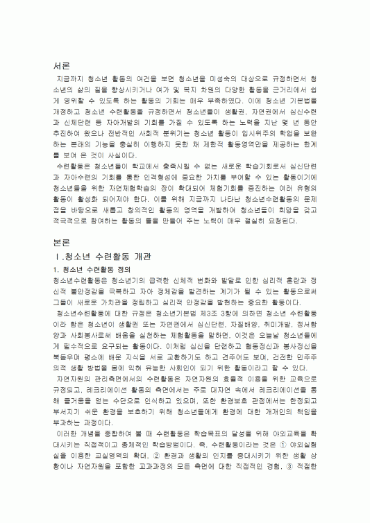 청소년 수련활동 프로그램 정의,필요성, 현황, 계획, 구성, 평가 - 사례포함