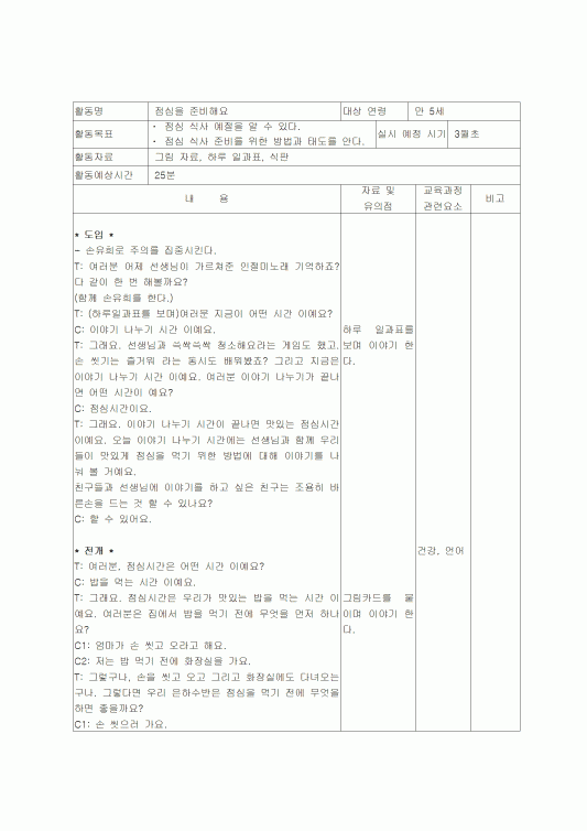 교육실습 식사지도 모의수업 계획안