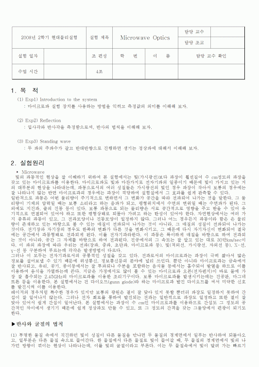 [물리실험] 마이크로 웨이브(Microwave) 실험 예비레포트