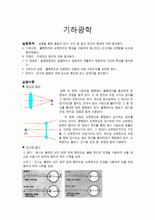 [기하광학] 굴절과 반사, 수차 등 빛과 렌즈의 특성 실험