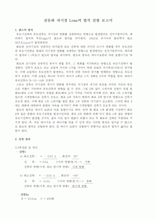 전류와 자기장 Lenz의 법칙 실험 보고서