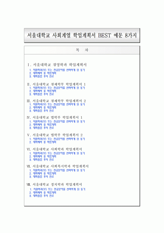 [입학자료] 서울대학교 사회계열 학업계획서 BEST 예문 8가지