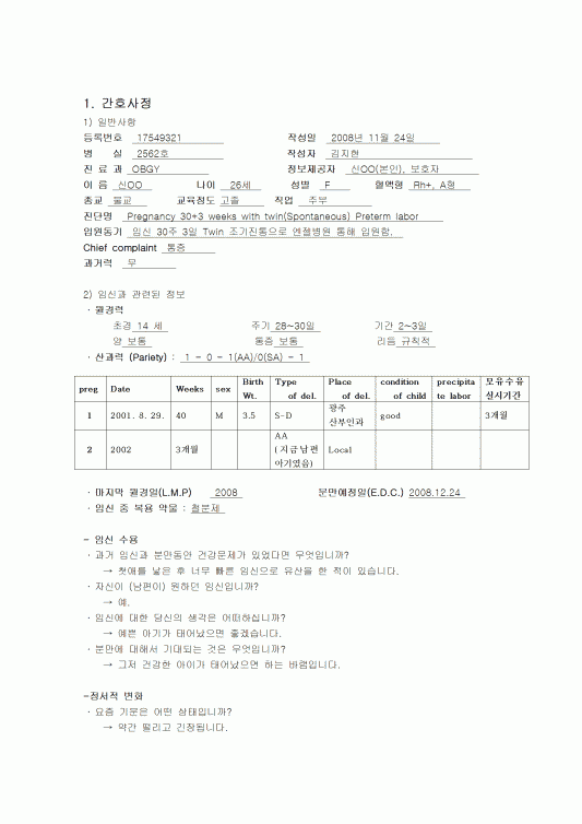 조기진통 분만 간호과정