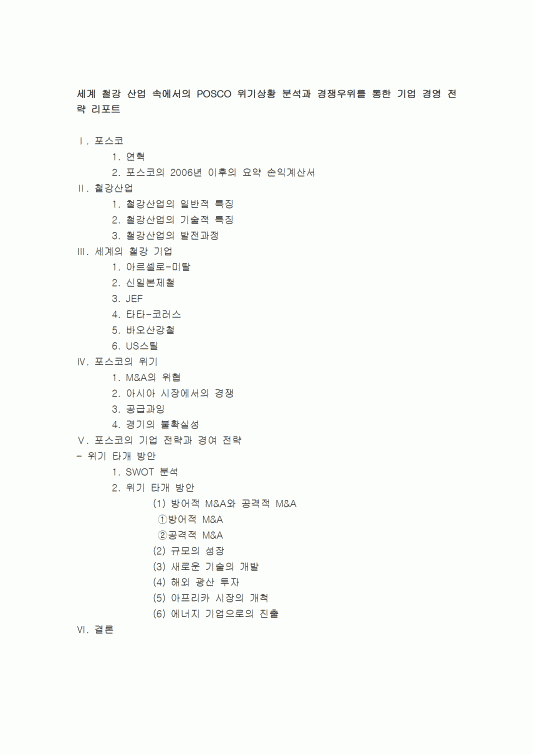 세계 철강 산업 속에서의 POSCO 위기상황 분석과 경쟁우위를 통한 기업 경영 전략 리포트