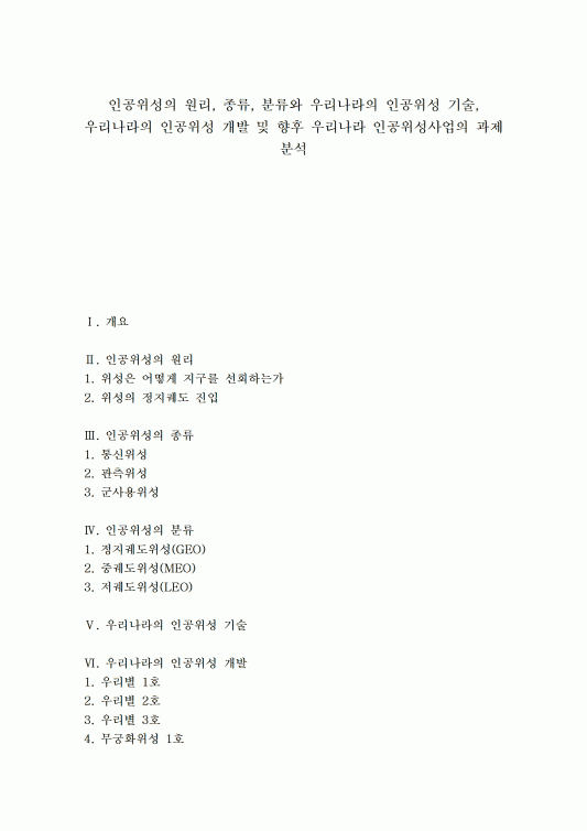 [인공위성][인공위성기술][인공위성사업][무궁화위성]인공위성의 원리, 인공위성의 종류, 인공위성의 분류, 우리나라의 인공위성 기술, 우리나라의 인공위성 개발 및 향후 우리나라 인공위성사업의 과제 분석