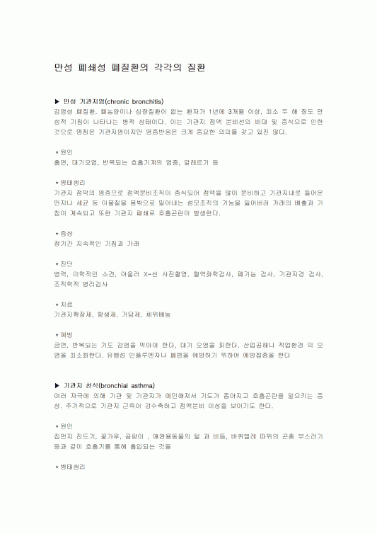 만성 폐쇄성 폐질환의 각각의 질환