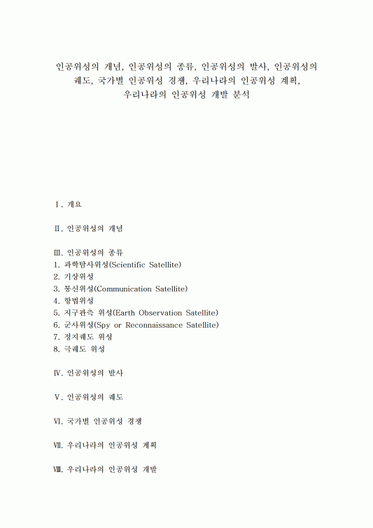 [인공위성][인공위성개발][인공위성기술][무궁화위성]인공위성의 개념, 인공위성의 종류, 인공위성의 발사, 인공위성의 궤도, 국가별 인공위성 경쟁, 우리나라의 인공위성 계획, 우리나라의 인공위성 개발