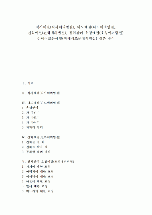 [예절][식사][다도][전화][호칭][장례식]식사예절(식사예의범절), 다도예절(다도예의범절), 전화예절(전화예의범절), 친척간의 호칭예절(호칭예의범절), 장례식조문예절(장례식조문예의범절) 분석