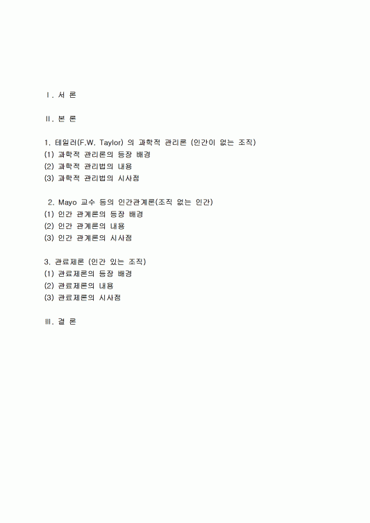 [경영학]테일러(F.W. Taylor)의 과학적 관리론과 Mayo교수 등의 인간관계론,M.Weber의 관료제론