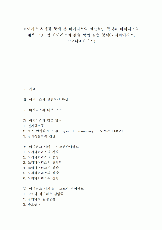 [바이러스][노러바이러스][코로나바이러스][바이러스검출방법]바이러스 사례를 통해 본 바이러스의 일반적인 특징과 바이러스의 내부 구조 및 바이러스의 검출 방법 분석(노러바이러스, 코로나바이러스)