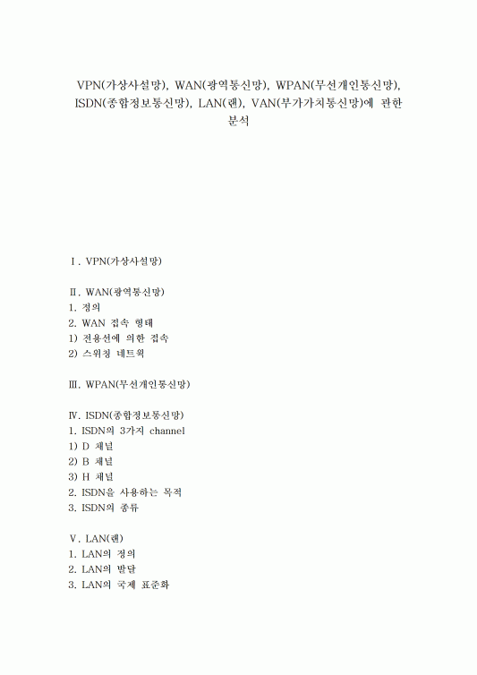 [VPN][가상사설망][WAN][광역통신망][WPAN][무선개인통신망][ISDN][LAN][랜][VAN]VPN(가상사설망), WAN(광역통신망), WPAN(무선개인통신망), ISDN(종합정보통신망), LAN(랜), VAN(부가가치통신망) 분석