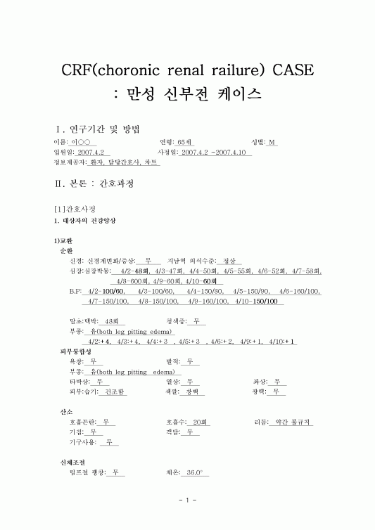 [CRF(만성신부전)CASE]만성신부전(CRF) 케이스(만성신부전간호과정,만성신부전간호진단등)