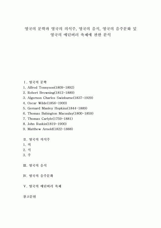 [영국][영국문화][영국의 문화][영국 문학][영국 의식주][영국 음식][영국 음주문화][영국 에딘버러 축제]영국의 문학과 영국의 의식주, 영국의 음식, 영국의 음주문화 및 영국의 에딘버러 축제에 관한 분석(영국문화, 영국, 문화)