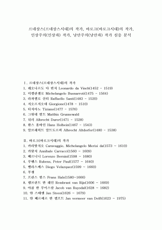 [르네상스시대 작가][바로크(바로크시대) 작가][인상주의(인상파) 작가][낭만주의(낭만파) 작가]르네상스(르네상스시대)의 작가, 바로크(바로크시대)의 작가, 인상주의(인상파) 작가, 낭만주의(낭만파) 작가 분석