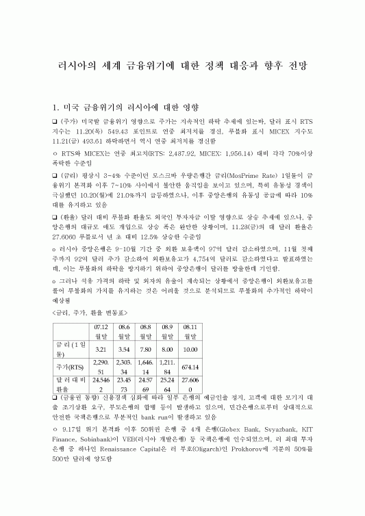 러시아의 세계 금융위기에 대한 정책 대응과 향후 전망