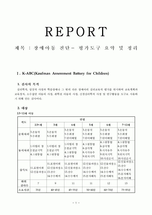 장애아동 진단 평가도구 요약 및 정리