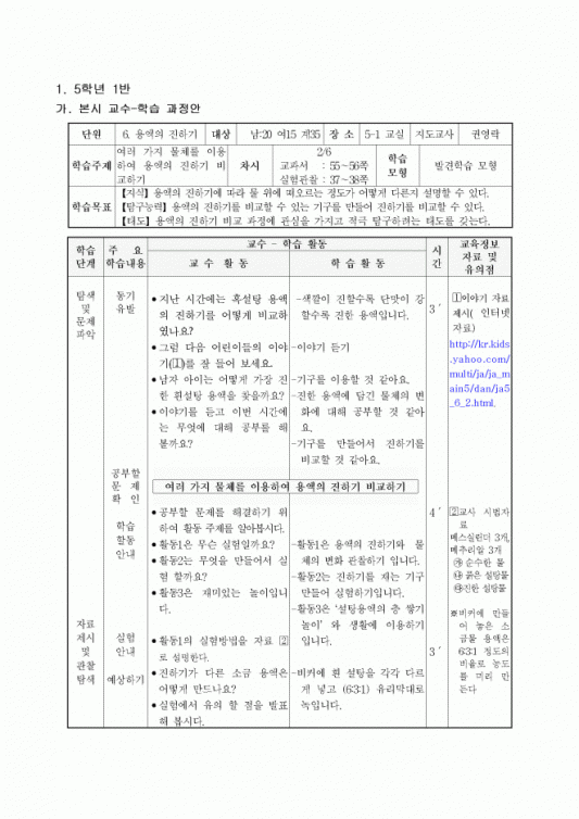 6.용액의 진하기 2차시 공개수업 지도안(과학 5학년 1학기 6월 4일))