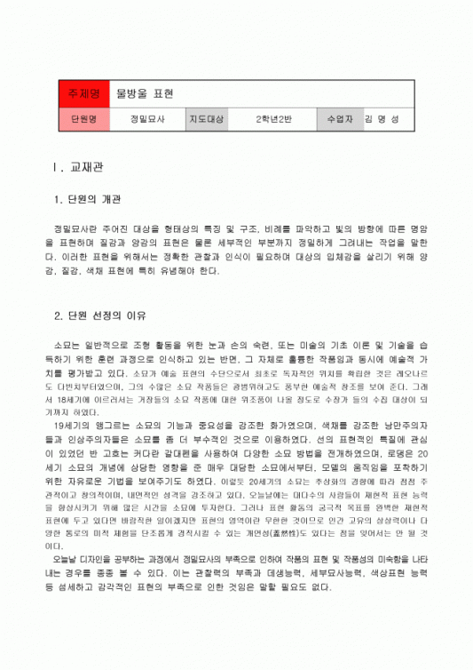 소묘(물방울정밀묘사)연구수업 학습지도안