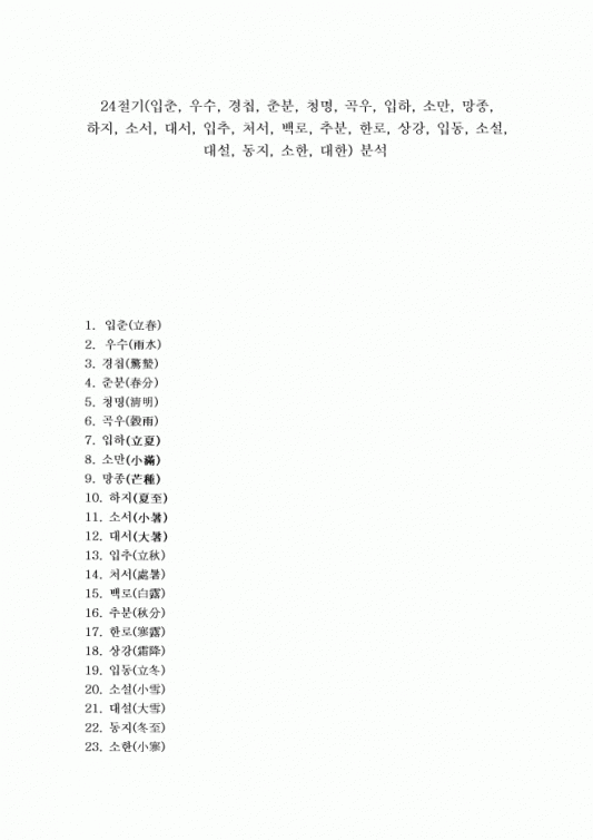 [24절기]24절기(입춘, 우수, 경칩, 춘분, 청명, 곡우, 입하, 소만, 망종, 하지, 소서, 대서, 입추, 처서, 백로, 추분, 한로, 상강, 입동, 소설, 대설, 동지, 소한, 대한) 분석(24절기, 절기, 입춘, 경칩, 입추,입동)