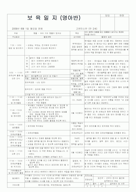 [어린이집 평가인증 보육일지] 평가인증 통과한 만2세 동물 보육일지 6월 첫째주