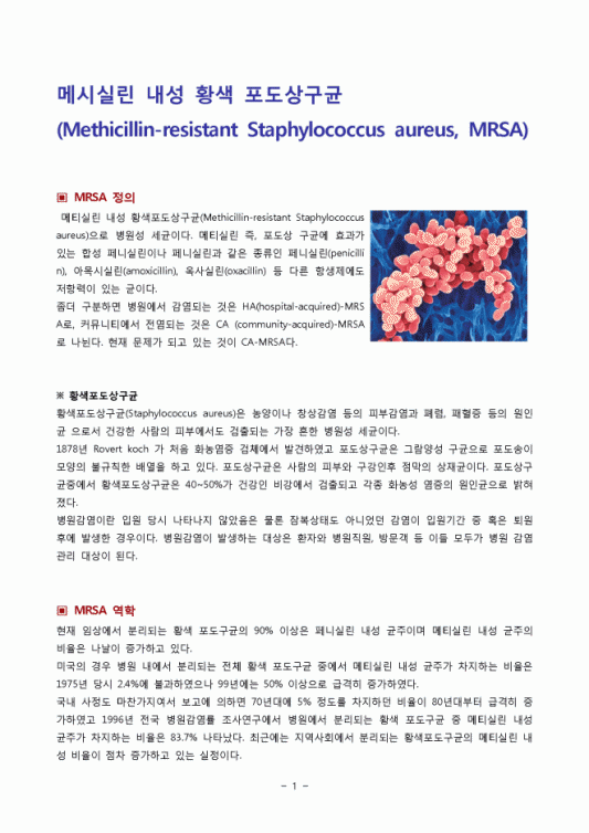 메시실린 내성 황색 포도상구균(Methicillin-resistant Staphylococcus aureus, MRSA)