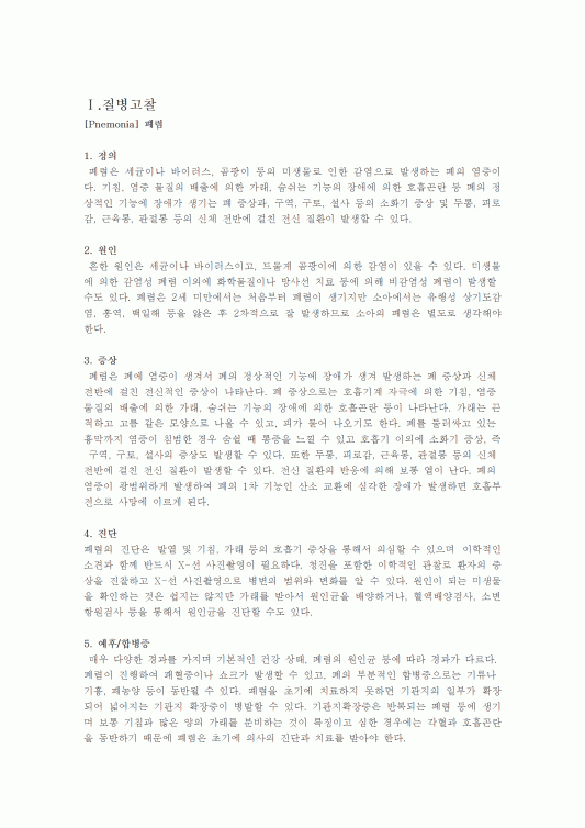 폐렴 케이스 정의 간호사정 건강문제 간호과정 케이스 SOAIPE 질병고찰