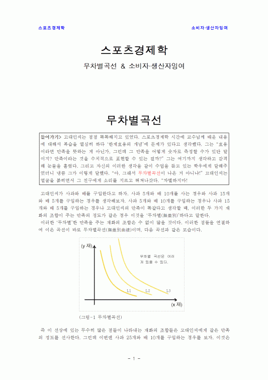 무차별 곡선과 소비자 곡선 그리고 생산자 잉여에 관한 레포트