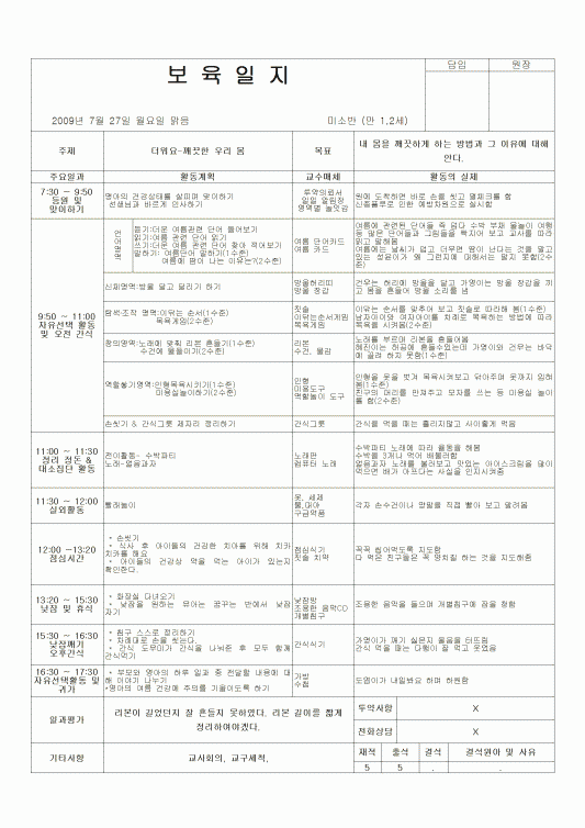 평가인증 통과한 7월 더워요 보육일지 (영아반) : 깨끗한 우리몸