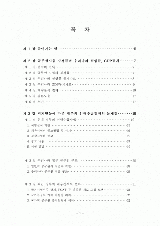 공무원시험경쟁률과 국민소득(GDP), 실업률, 국가공무원수와의 상관관계에 따른 정부인력수급정책