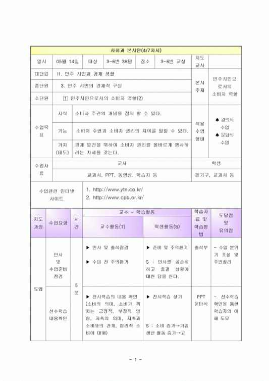 일반사회 경제 지도안 (민주시민으로서의 소비자역할(2))