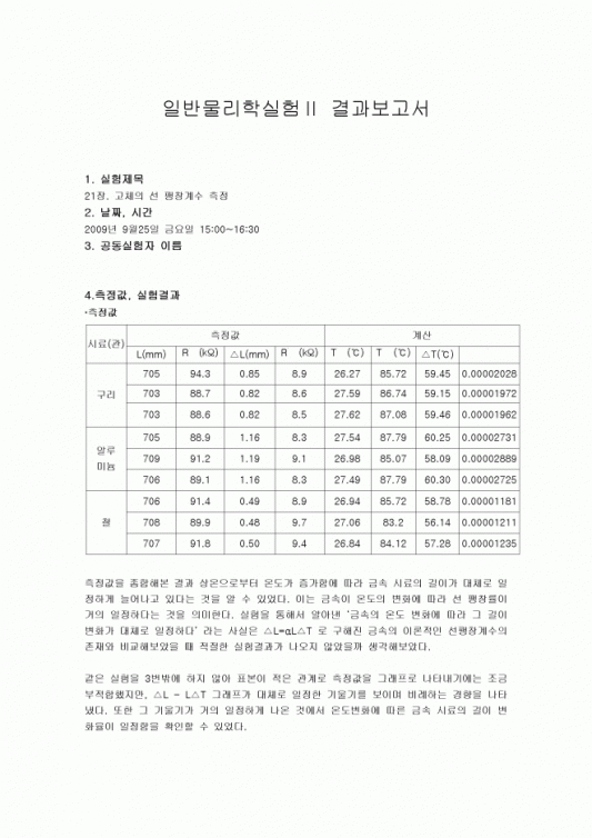 [일반물리학실험Ⅱ] 20장. 고체의 선팽창계수 측정 (결과레포트)