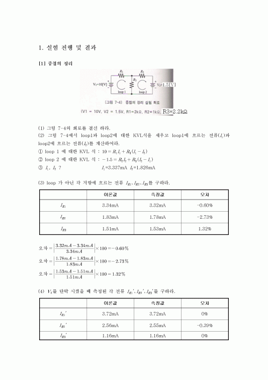 기초회로실험 결과레포트 - 중첩의정리와 가역 정리