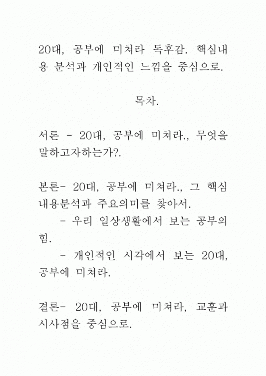 [우수평가자료]20대, 공부에 미쳐라 독후감. 핵심내용 분석과 개인적인 느낌을 중심으로.