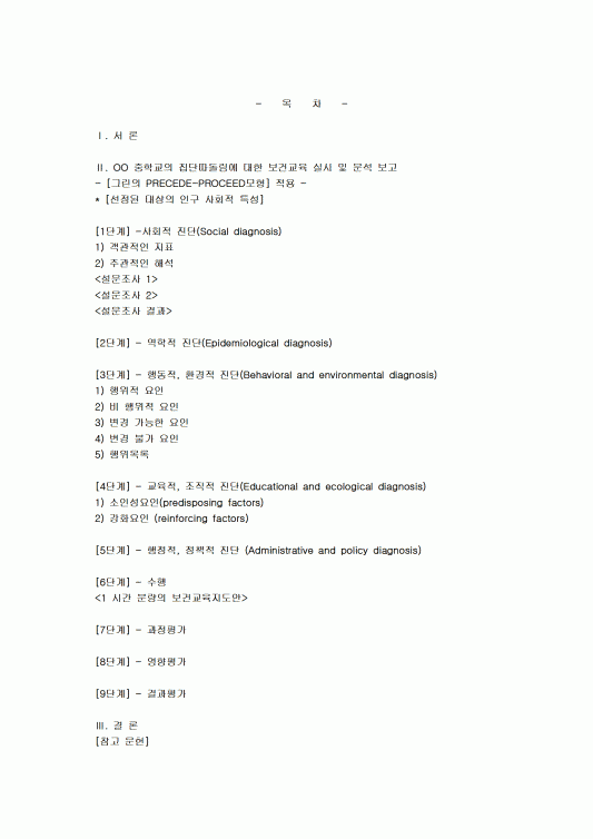 [보건교육D]중.고등학생의 집단따돌림에 대한 보건교육 - [그린의 PRECEDE-PROCEDE 모형 적용] - 사회적진단, 역학적 진단, 교육적 진단, 행정적 진단