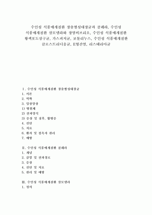 수인성 식품매개질환 장출혈성대장균과 콜레라, 수인성식품매개질환 살모넬라와 장염비브리오, 수인성식품매개질환 황색포도상구균, 가스괴저균, 보툴리누스, 식품매개질환 클로스트리디움균, E형간염, 리스테리아균