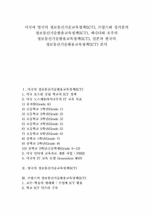 [ICT][정보통신기술]미국과 영국의 정보통신기술교육정책(ICT), 프랑스와 싱가폴의 정보통신기술활용교육정책(ICT), 캐나다와 호주 정보통신기술활용교육정책(ICT), 일본과 한국 정보통신기술활용교육정책(ICT) 분석